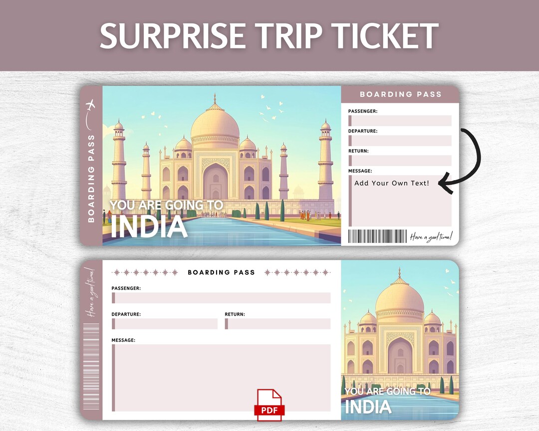 Printable India Surprise Gift Ticket, Editable New Delhi Vacation ...