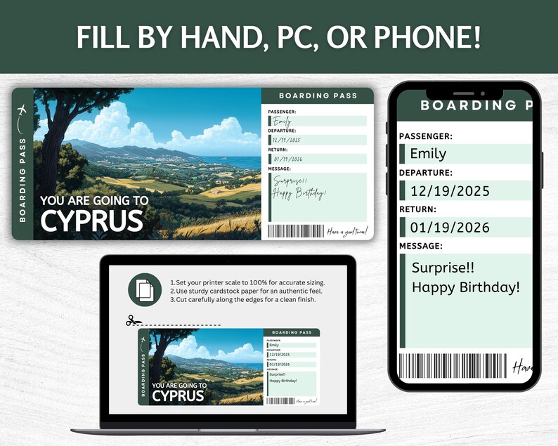 Printable Cyprus Surprise Gift Ticket, Editable Nicosia Boarding Pass ...