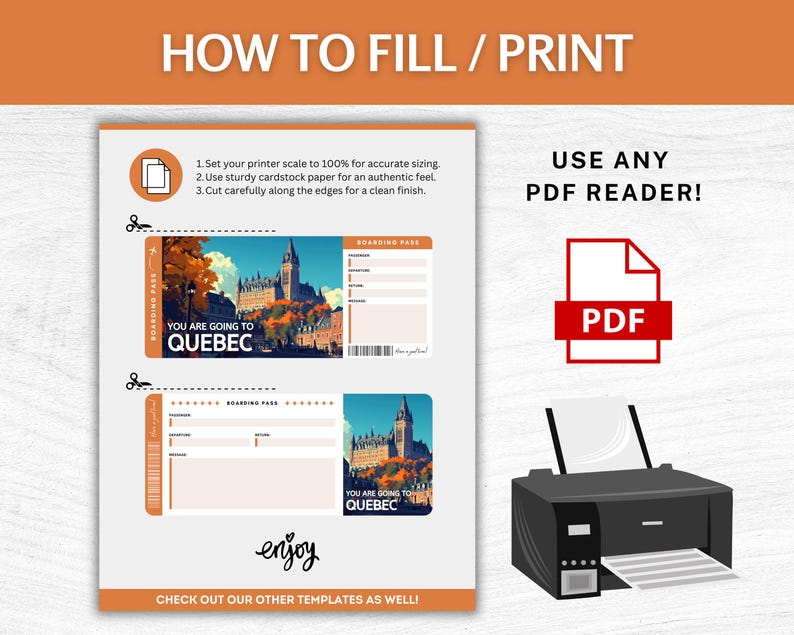 Printable Quebec Surprise Gift Ticket, Editable Canada Vacation ...