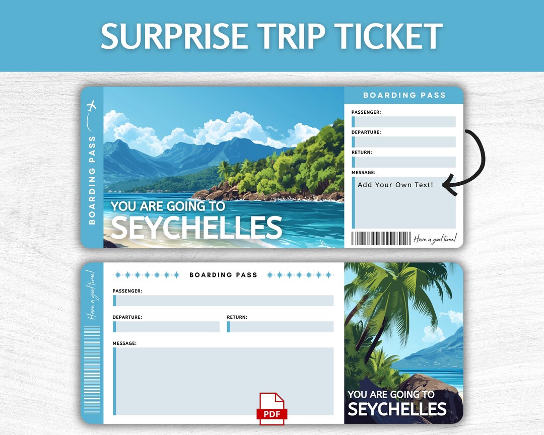 Printable Seychelles Surprise Gift Ticket, Editable Island Vacation ...