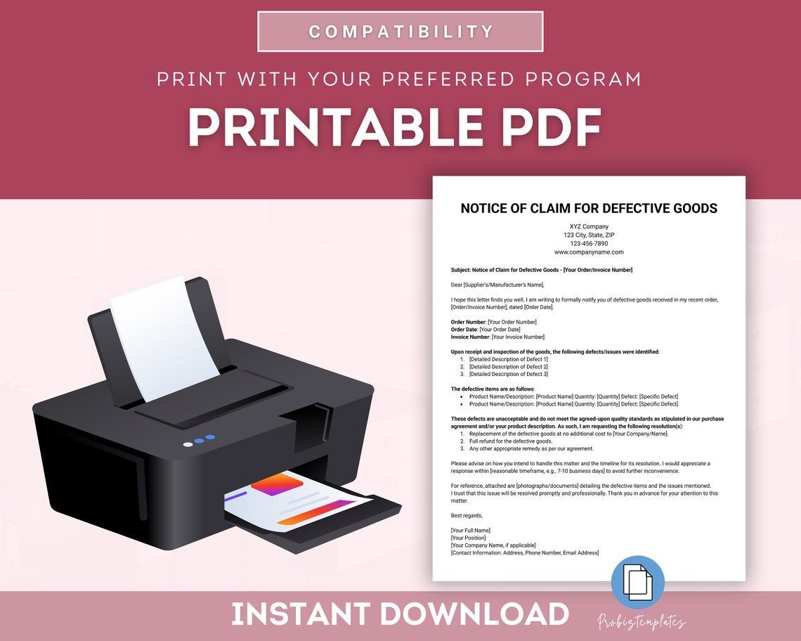 Notice of Claim of Defective Goods Letter, Defective Goods Claim ...