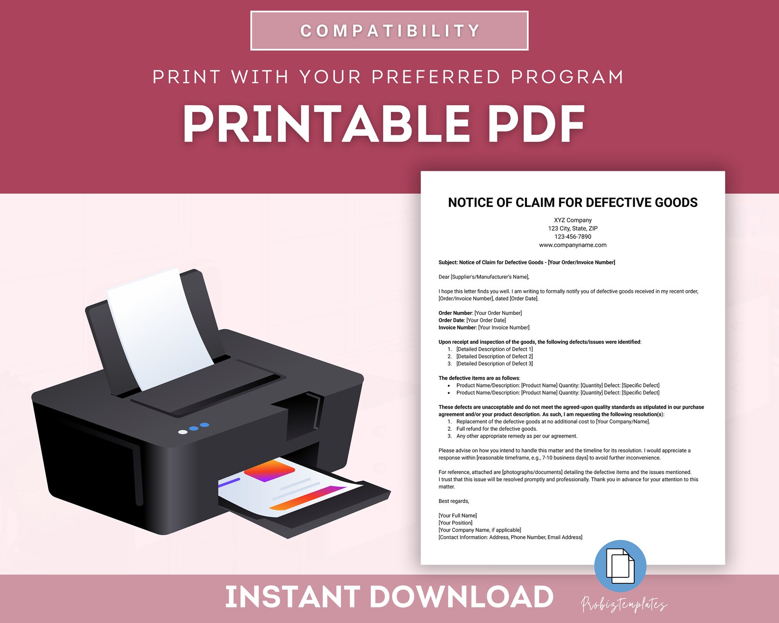 Notice of Claim of Defective Goods Letter, Defective Goods Claim ...