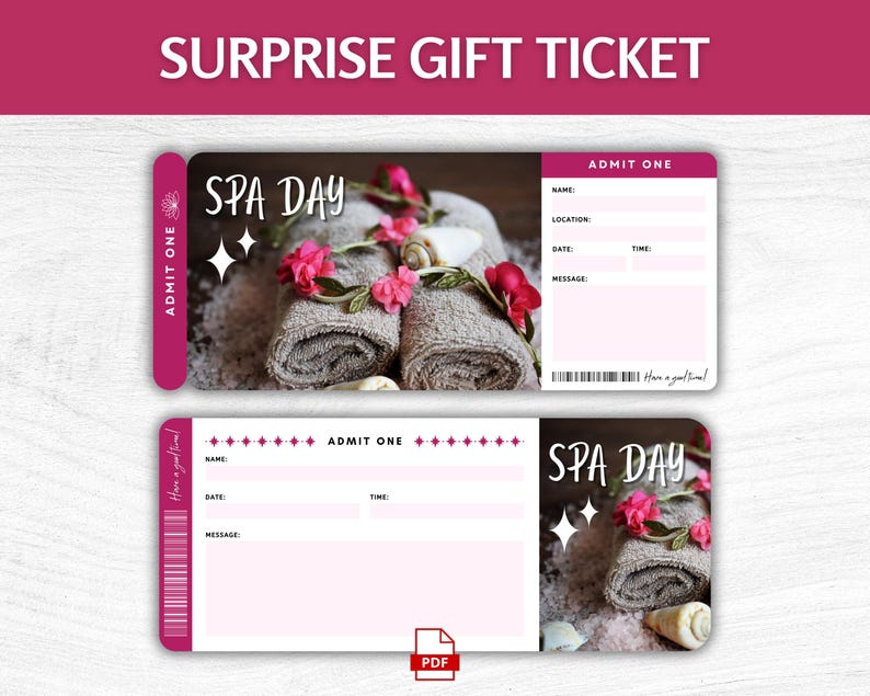 Printable Spa Day Gift Ticket, Editable Spa Gift Voucher, Custom Spa ...
