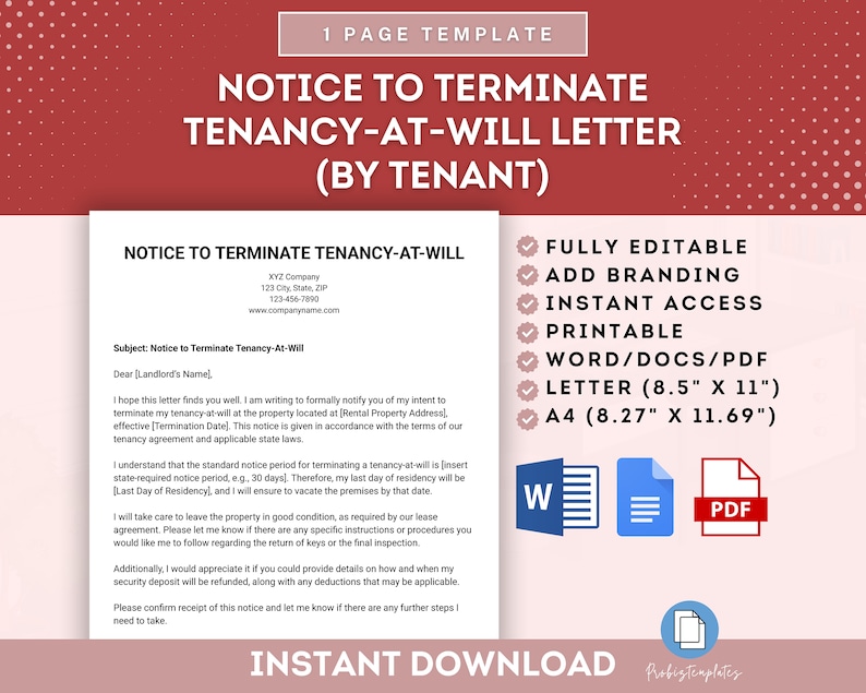 Notice to Terminate Tenancy-at-will Letter by Tenant, Tenant Lease ...