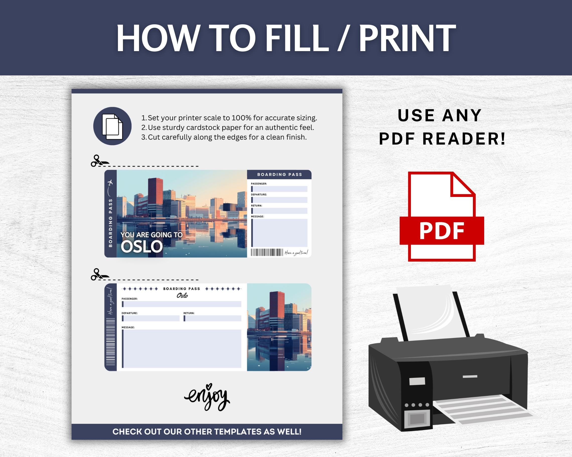 Printable Oslo Surprise Gift Ticket, Editable Norway Vacation Boarding ...