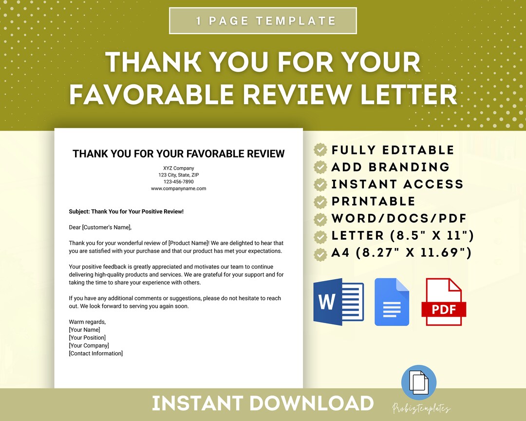 Thank You for Your Favorable Review Letter, Positive Review ...