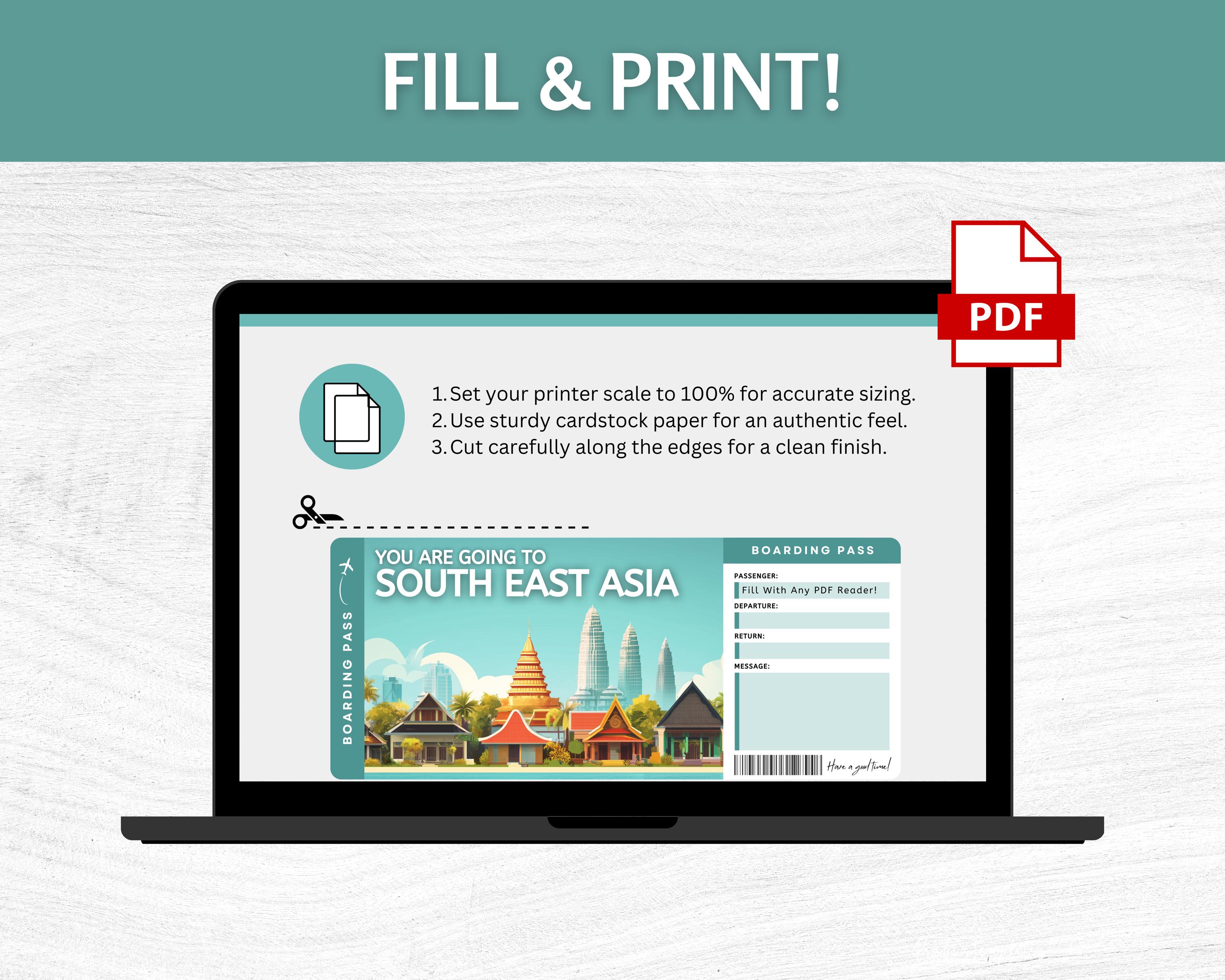 Printable South East Asia Surprise Gift Ticket, Editable Asia Vacation ...