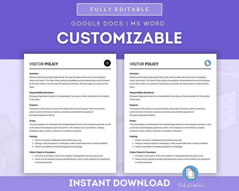 Visitor Policy Template, Company Premises Visitor Guidelines Policy, Workplace Visitation ...