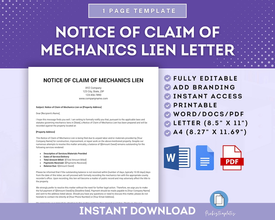 Notice of Claim of Mechanics Lien Letter Template, Mechanics Lien Claim ...