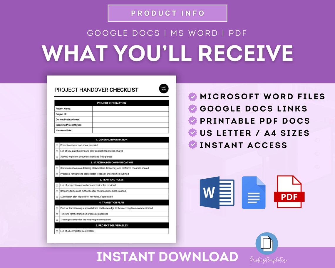 Project Handover Checklist, Project Transfer Checklist, Project ...