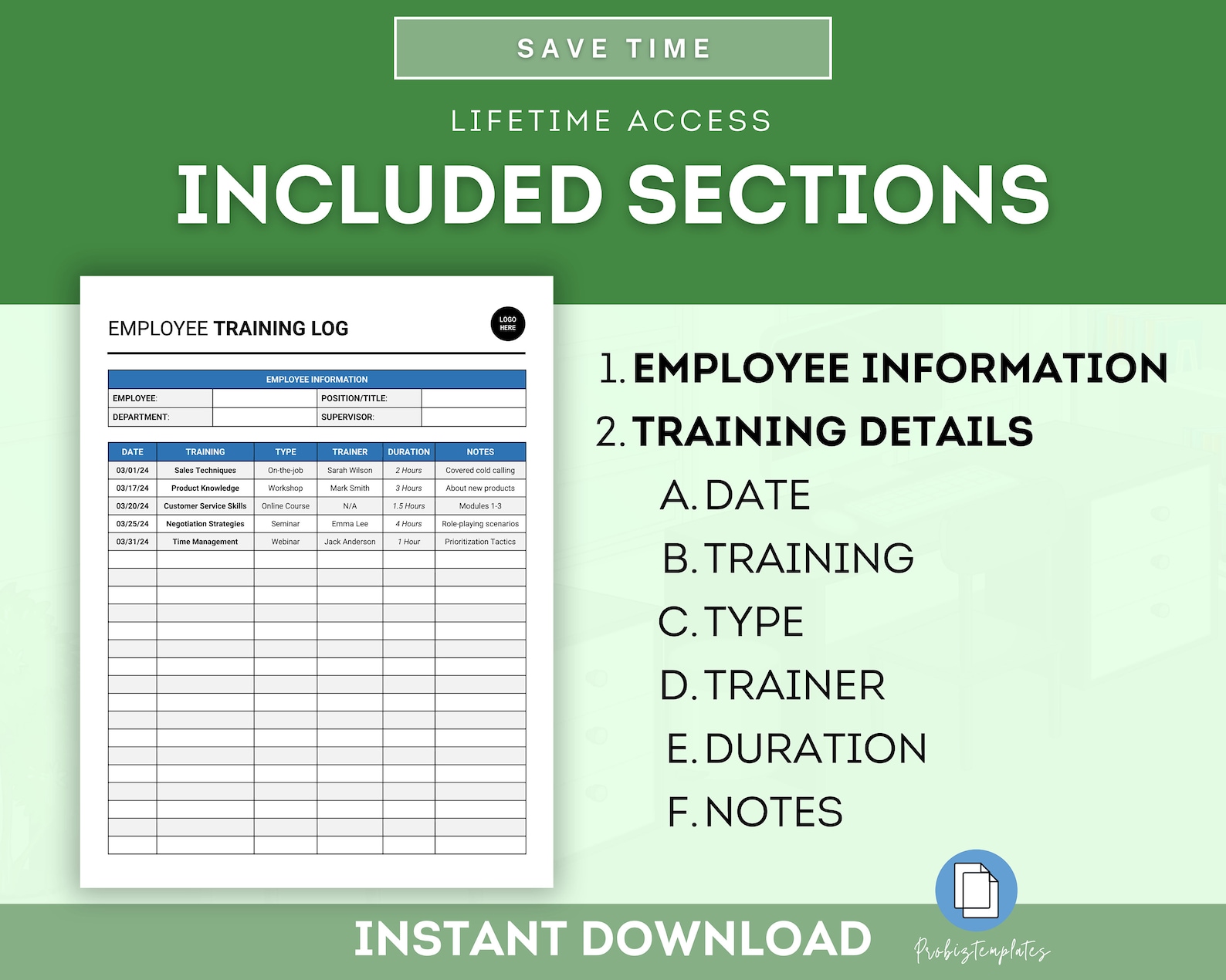 Simple Employee Training Log Template, Staff Development Tracker ...