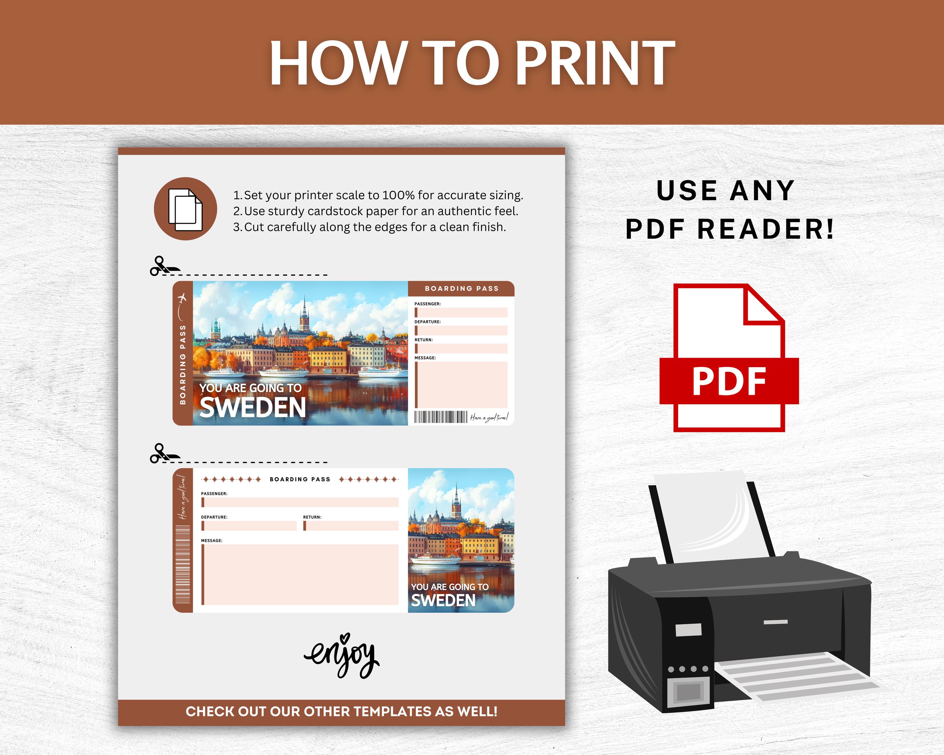 Printable Sweden Surprise Gift Ticket, Editable Stockholm Boarding Pass ...