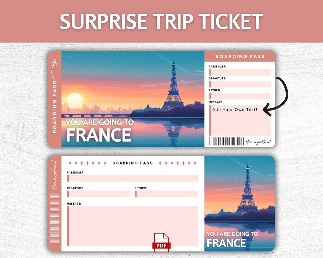 Printable France Surprise Gift Ticket, Editable Paris Vacation Boarding ...