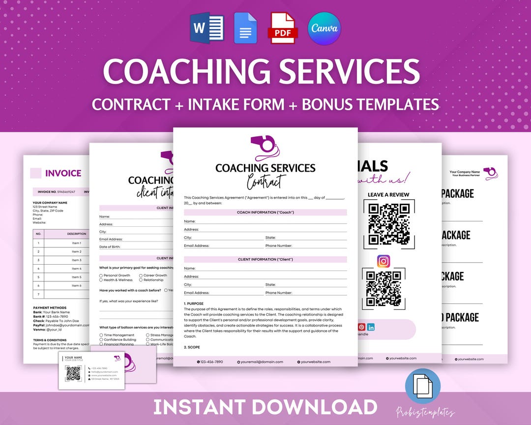 Coaching Services Contract Bundle, Business Coaching Agreement, Mentoring Services, Client ...