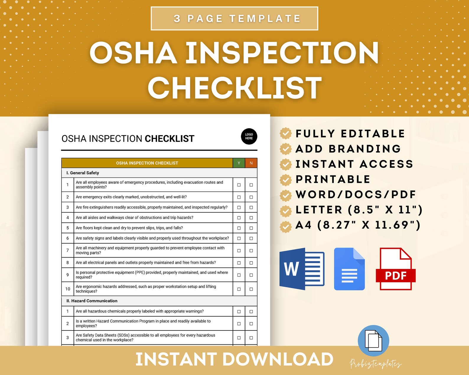 OSHA Inspection Checklist Template, Occupational Safety Evaluation Form ...