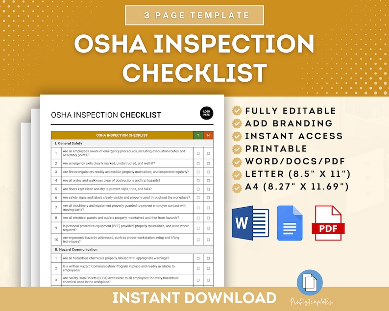 OSHA Inspection Checklist Template, Occupational Safety Evaluation Form ...