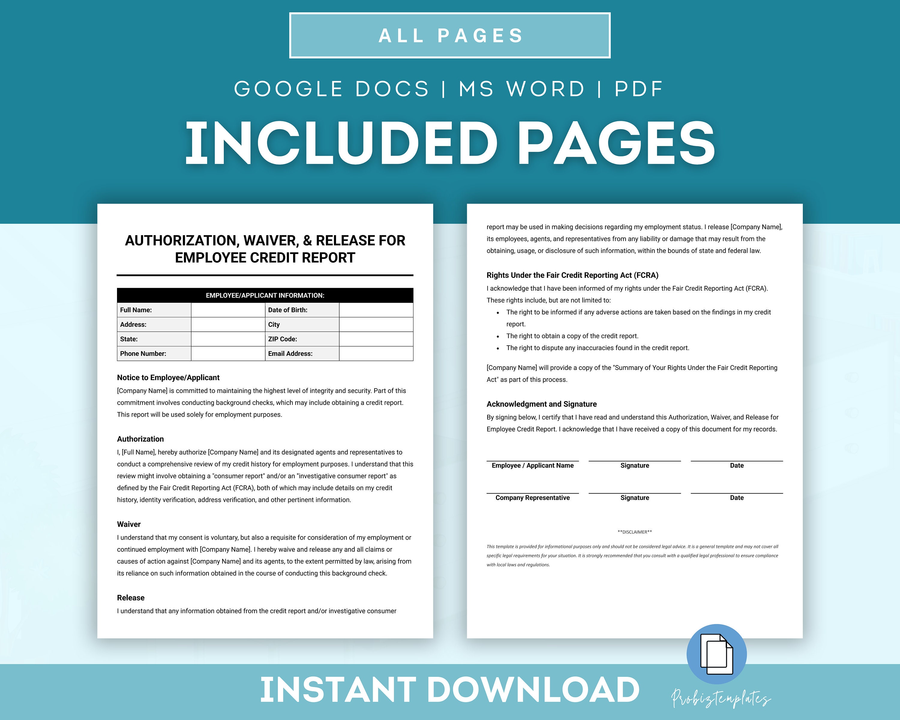 Authorization, Waiver, and Release for Employee Credit Report Template ...
