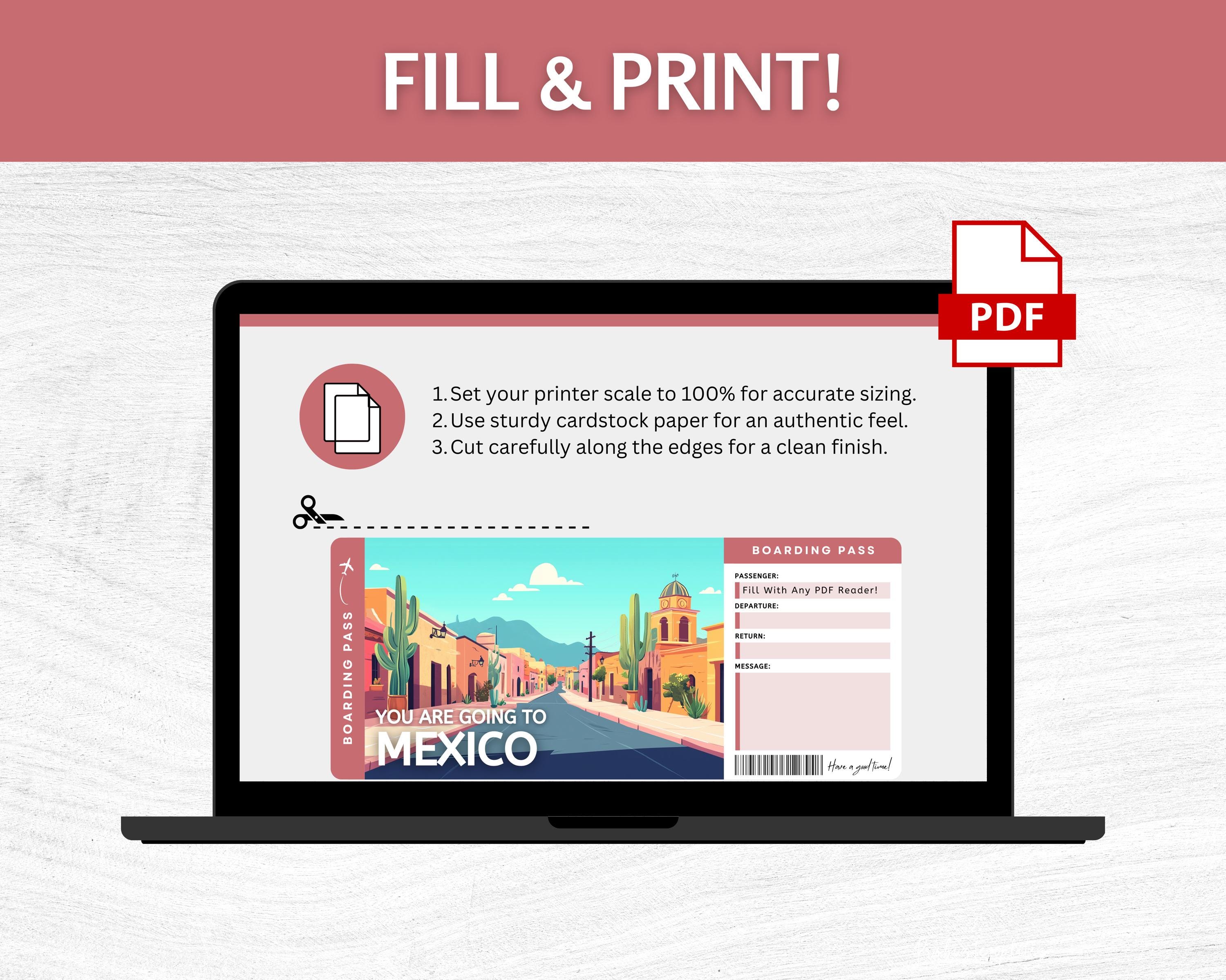 Printable Mexico Surprise Gift Ticket, Editable Cancun Vacation ...