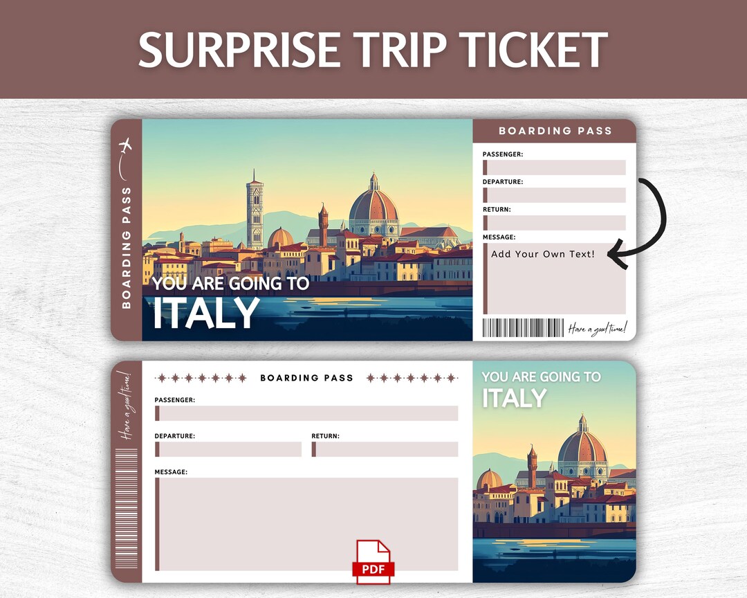 Printable Italy Surprise Gift Ticket, Editable Rome Vacation Boarding ...