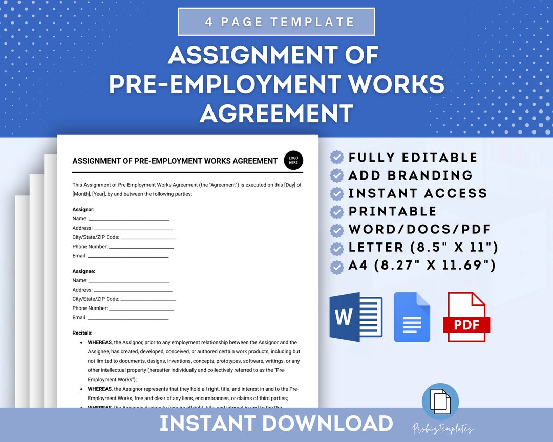 Assignment of Pre-employment Works Agreement Template, Pre-employment ...