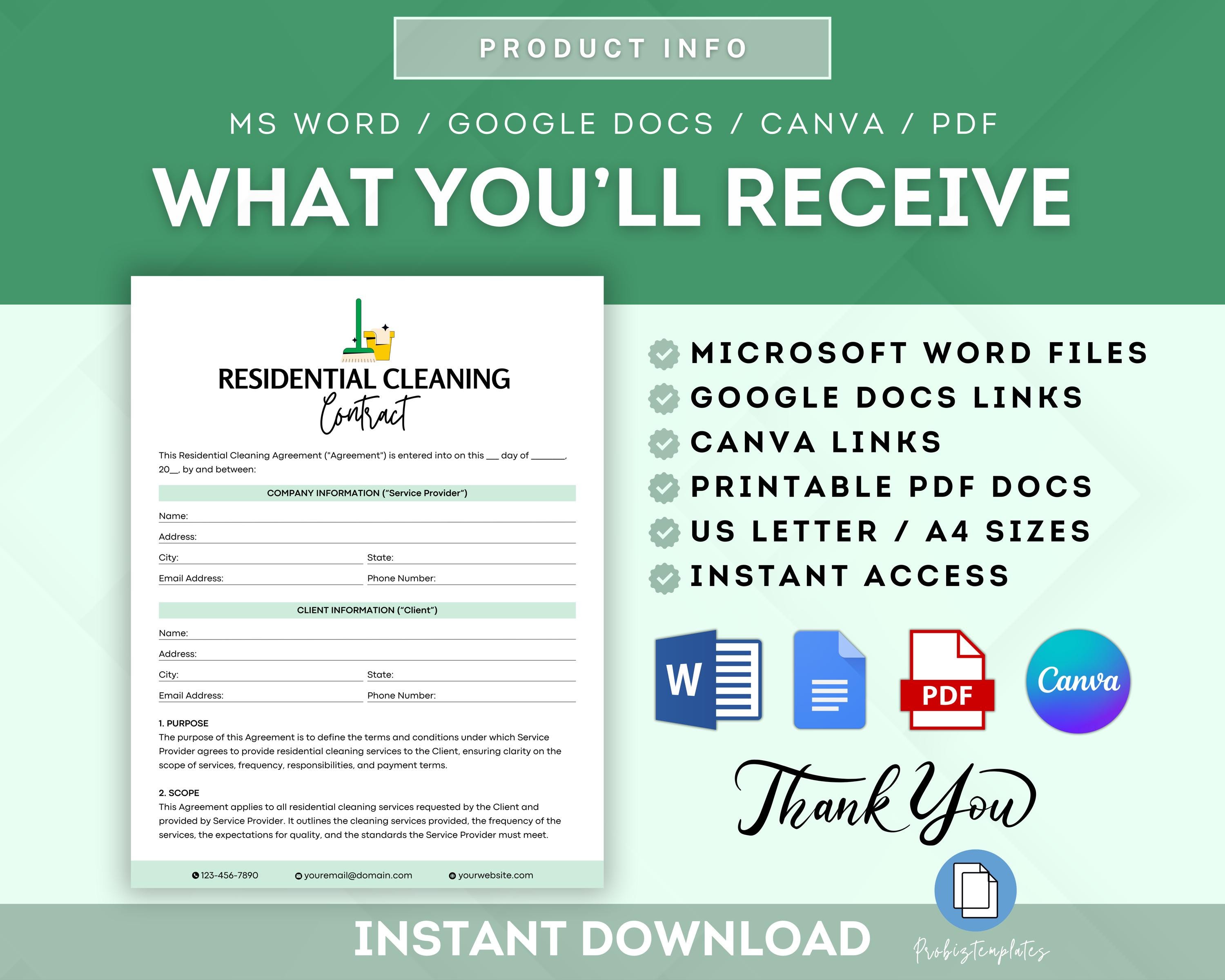 Residential Cleaning Contract Bundle, Home Cleaning Agreement Template ...