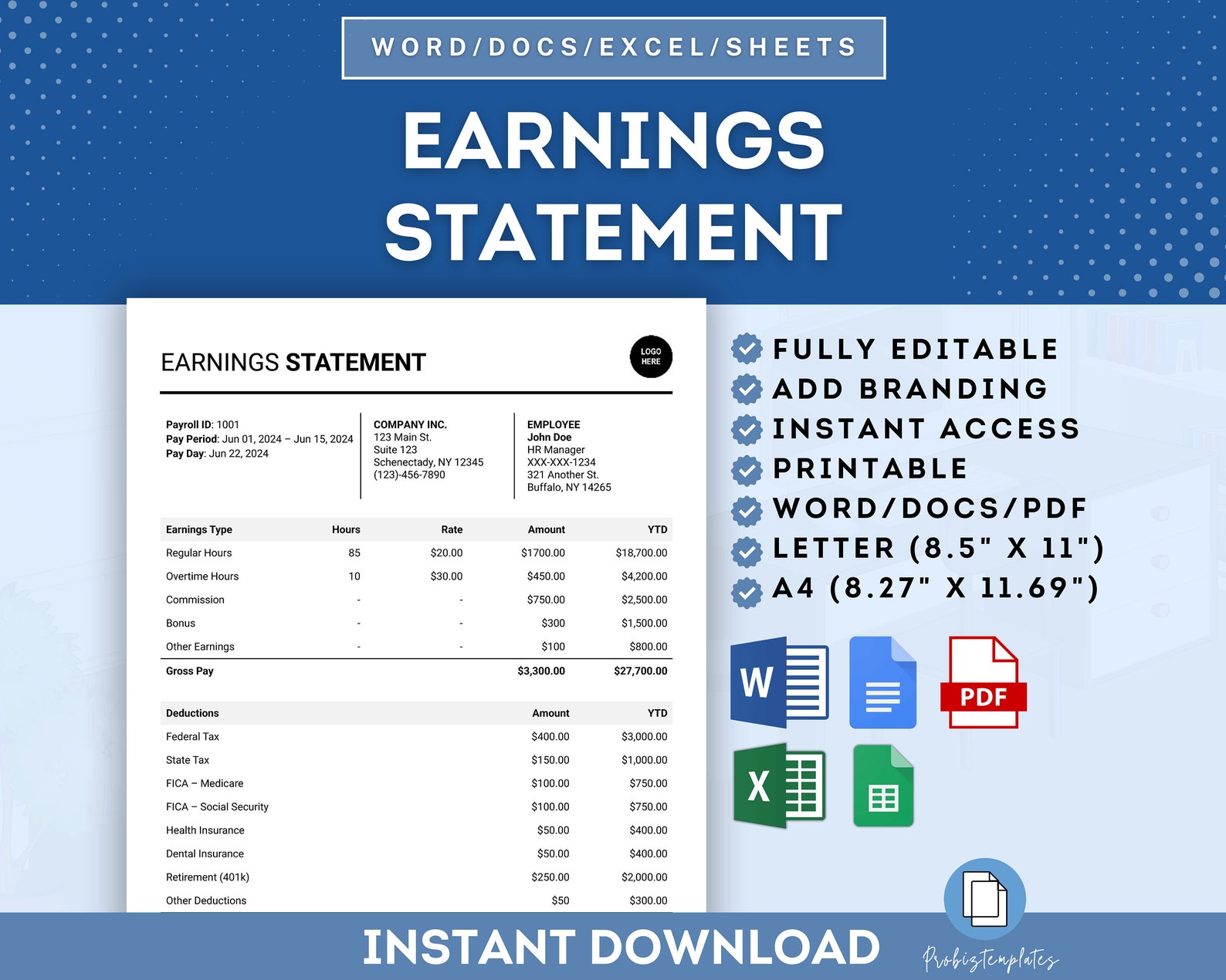 Employee Earnings Statement Template, Staff Pay Stub Template, Paycheck ...