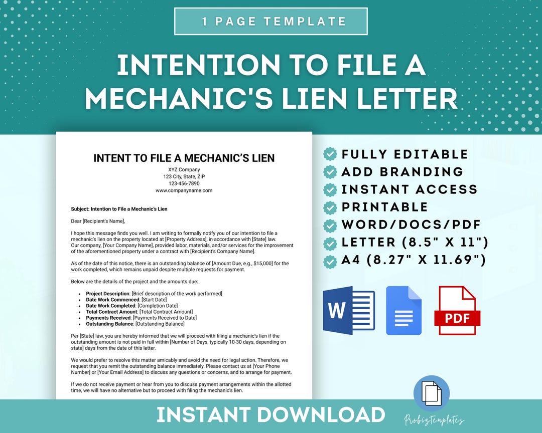 Intention to File a Mechanic's Lien Letter Template, Mechanic's Lien ...