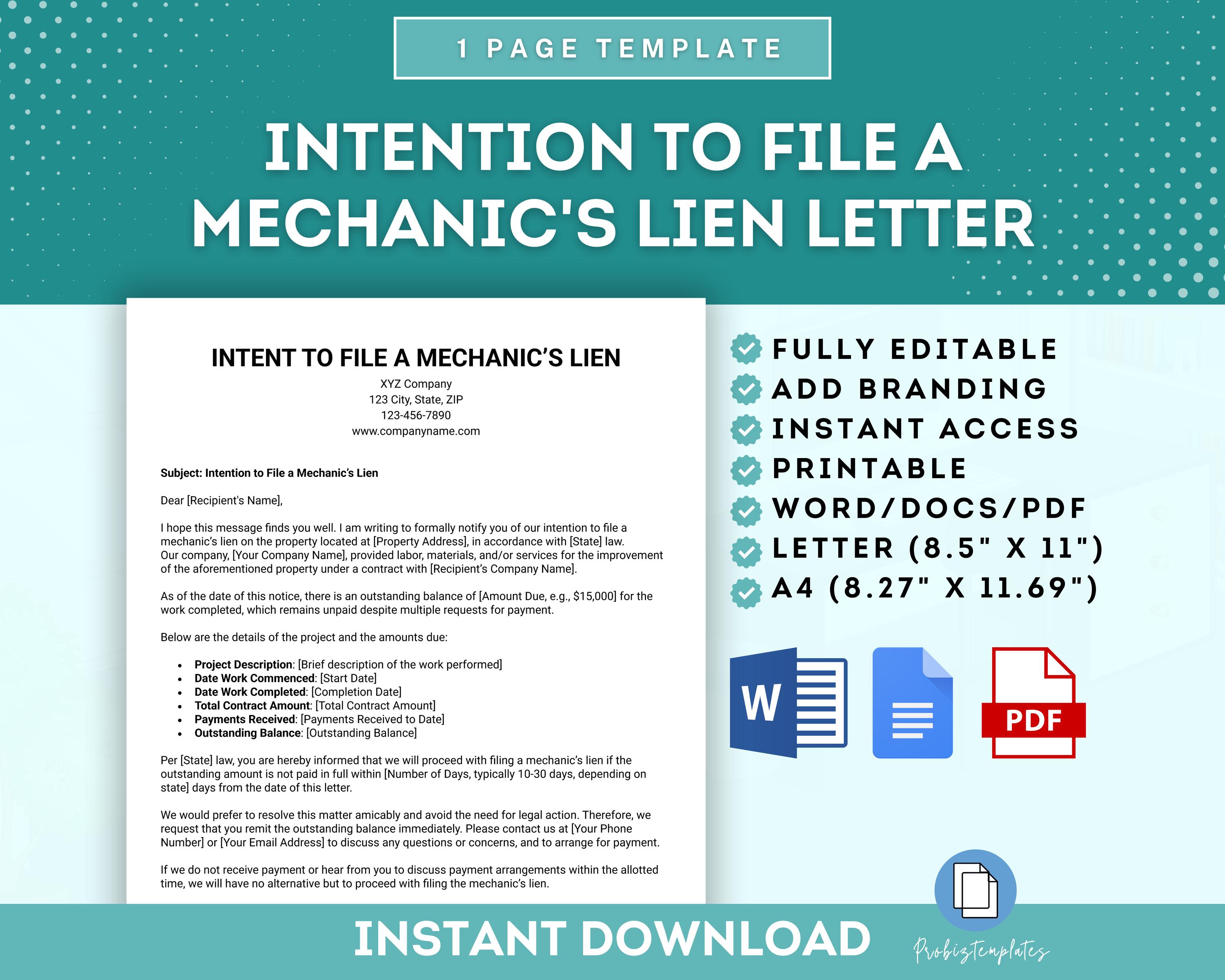 Intention to File a Mechanic's Lien Letter Template, Mechanic's Lien ...