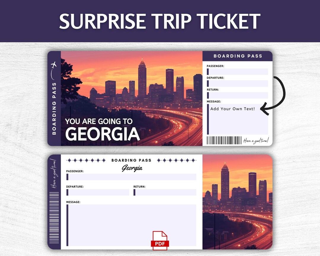 Printable Georgia Surprise Gift Ticket, Editable Atlanta Vacation ...