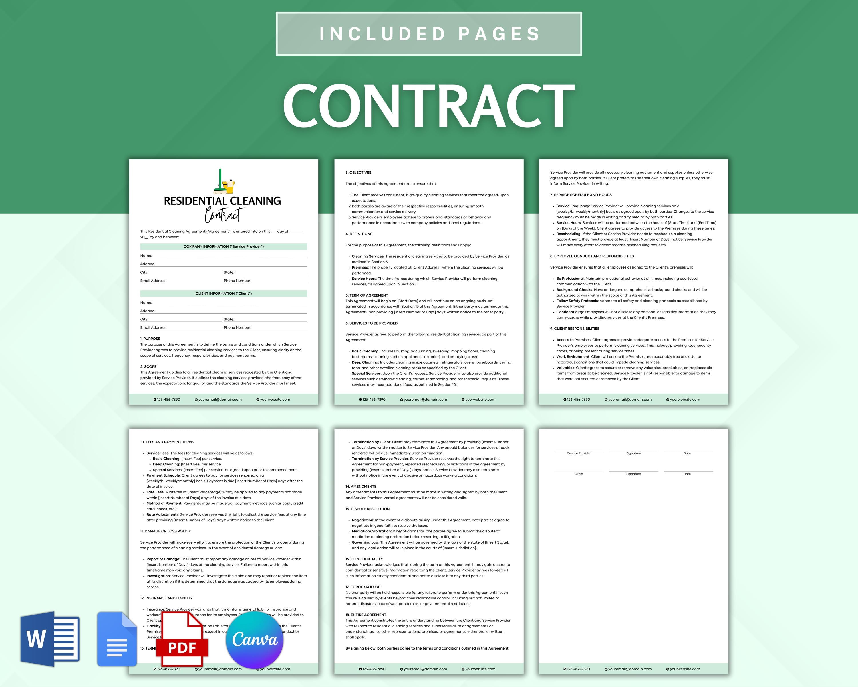 Residential Cleaning Contract Bundle, Home Cleaning Agreement Template ...