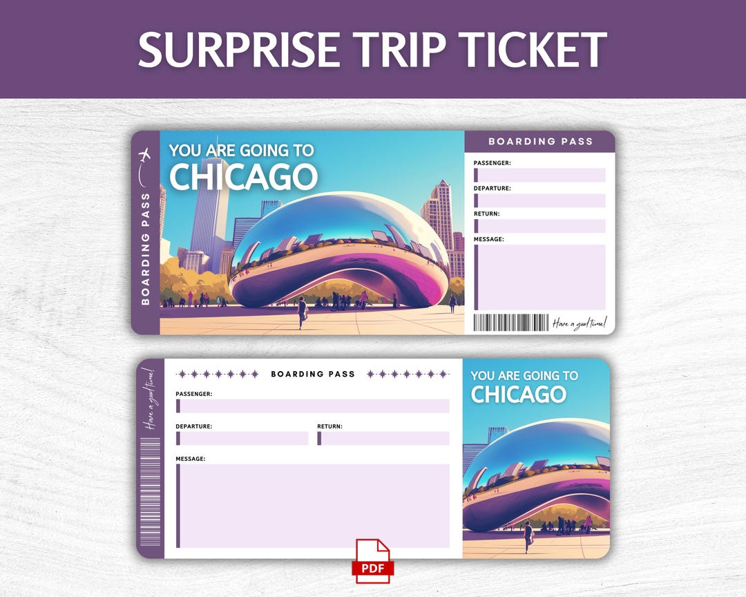 Printable Chicago Surprise Gift Ticket, Editable Illinois Boarding Pass ...