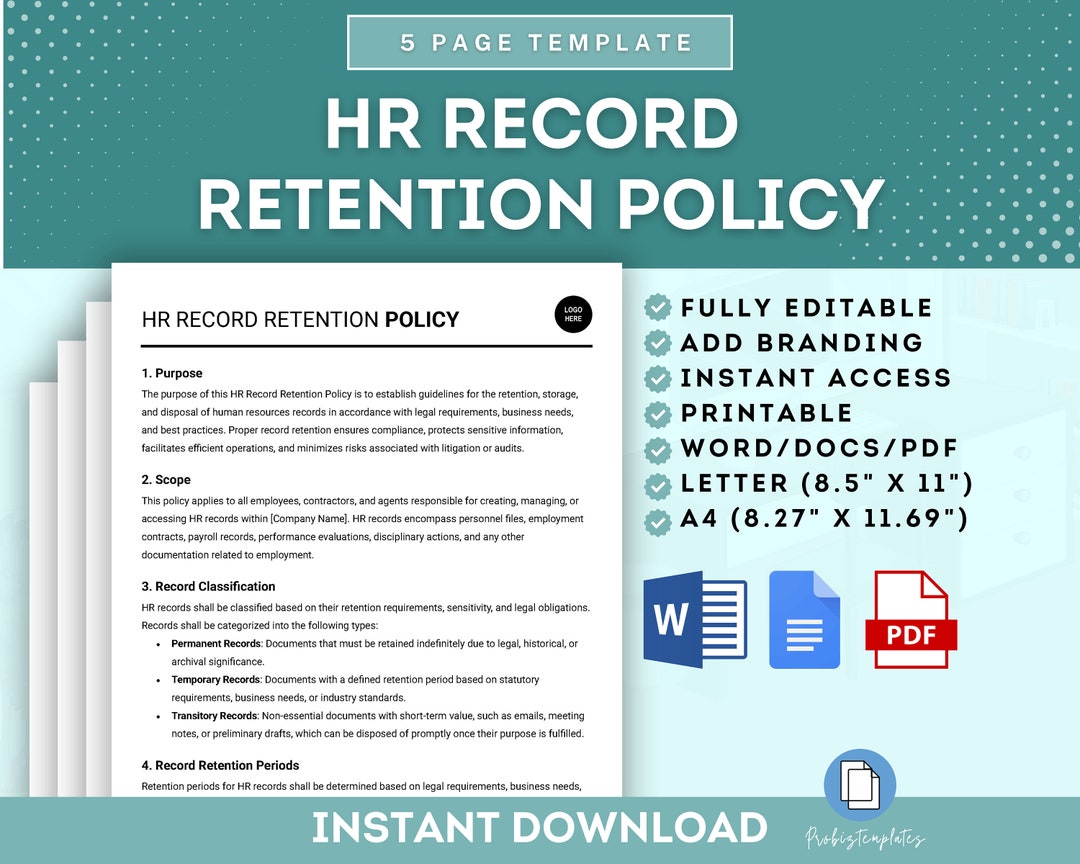HR Record Retention Policy Template, Employee Document Retention, Human ... HR Record Retention Policy Template, Employee Document Retention, Human ...
