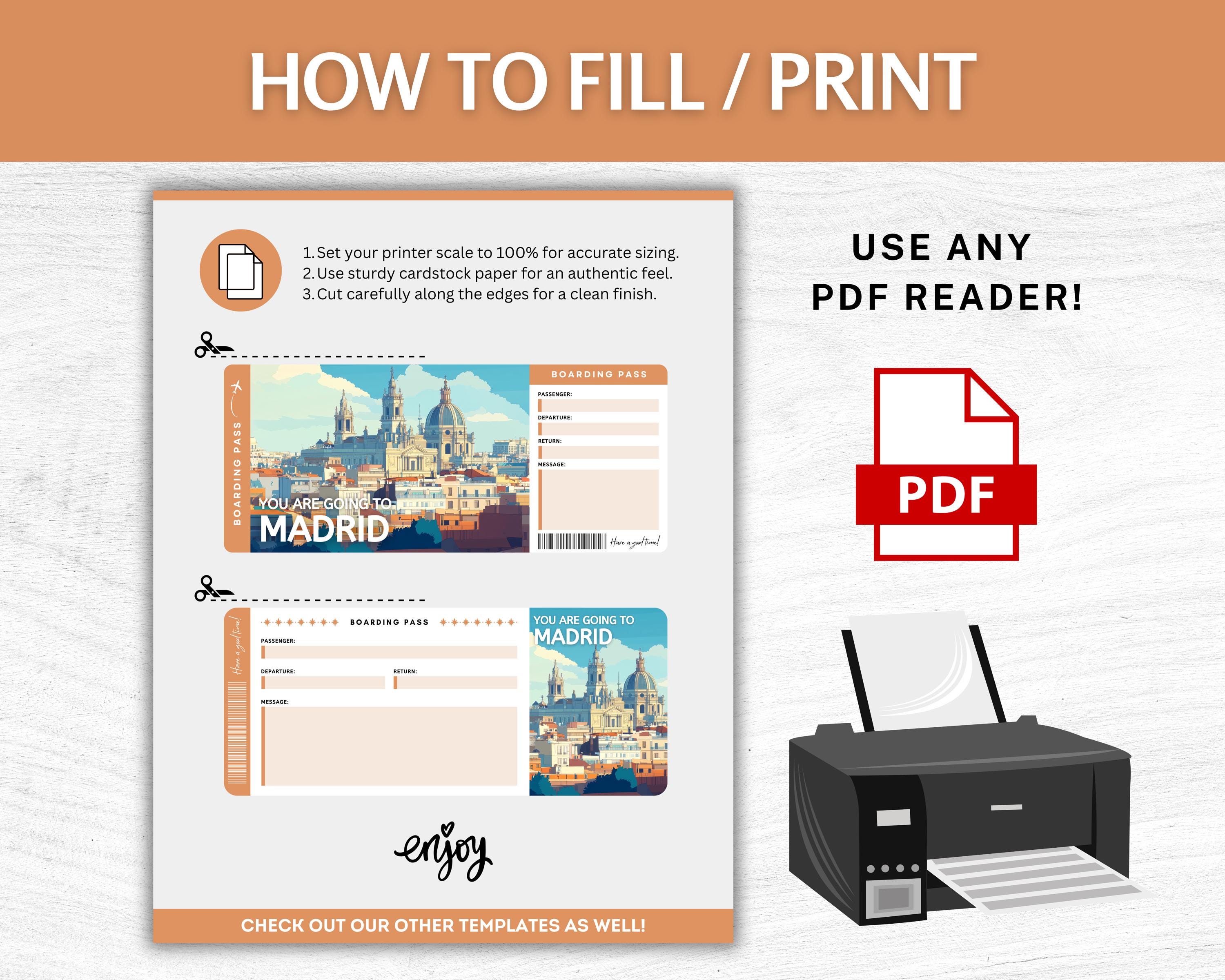 Printable Madrid Surprise Gift Ticket, Editable Spain Vacation Boarding ...