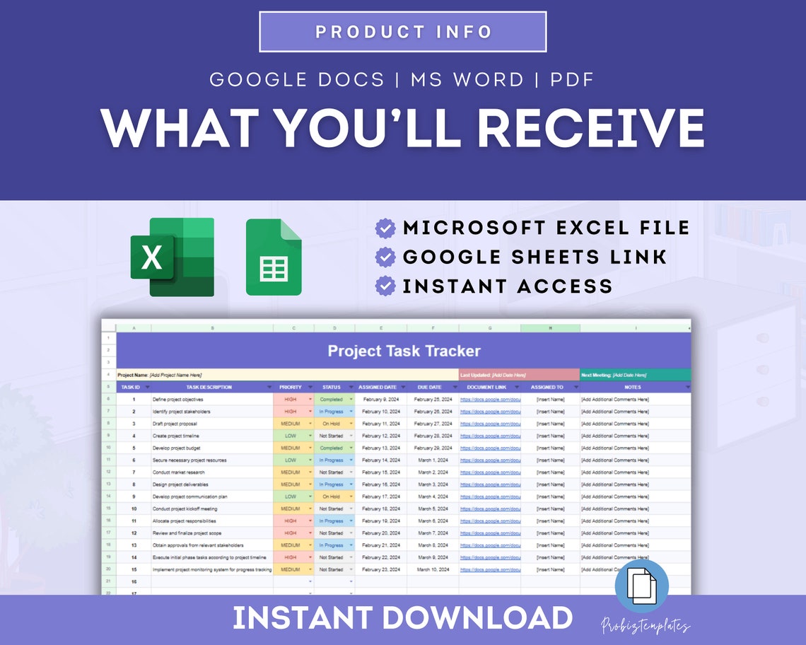 Project Task Tracker Spreadsheet, Project Management Tool, Project ...