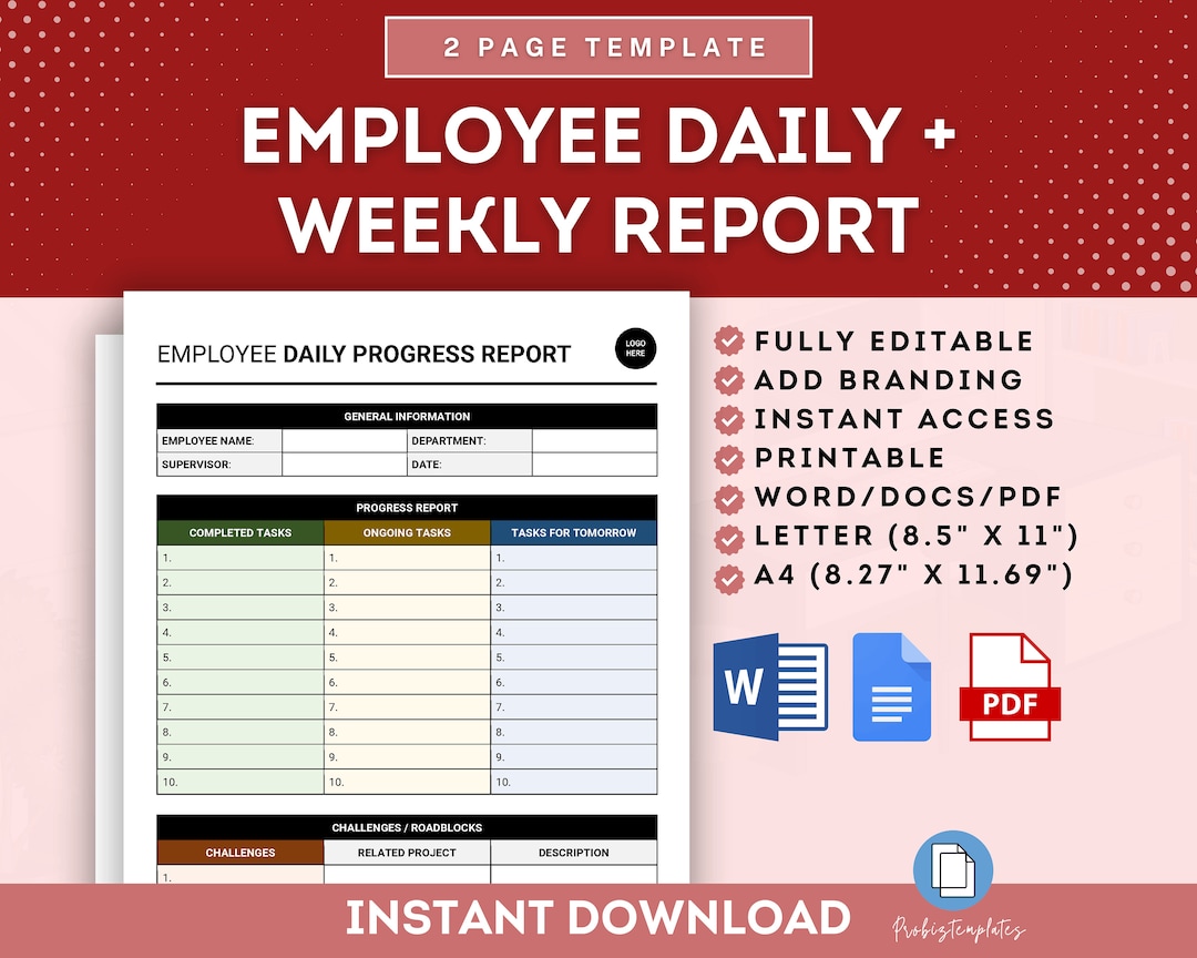 Simple Employee Daily & Weekly Progress Report Template, Employee Daily ...