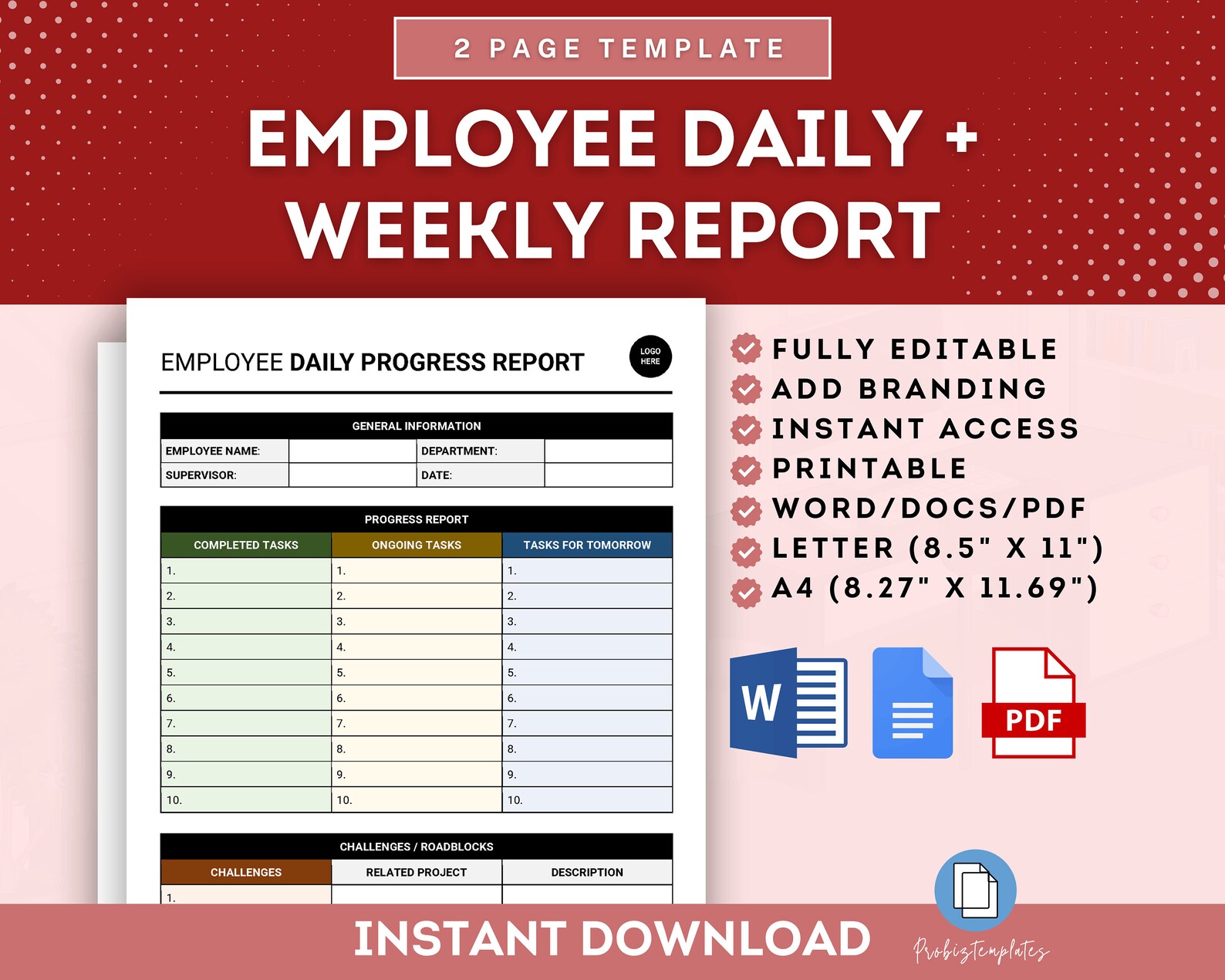 Simple Employee Daily & Weekly Progress Report Template, Employee Daily ...