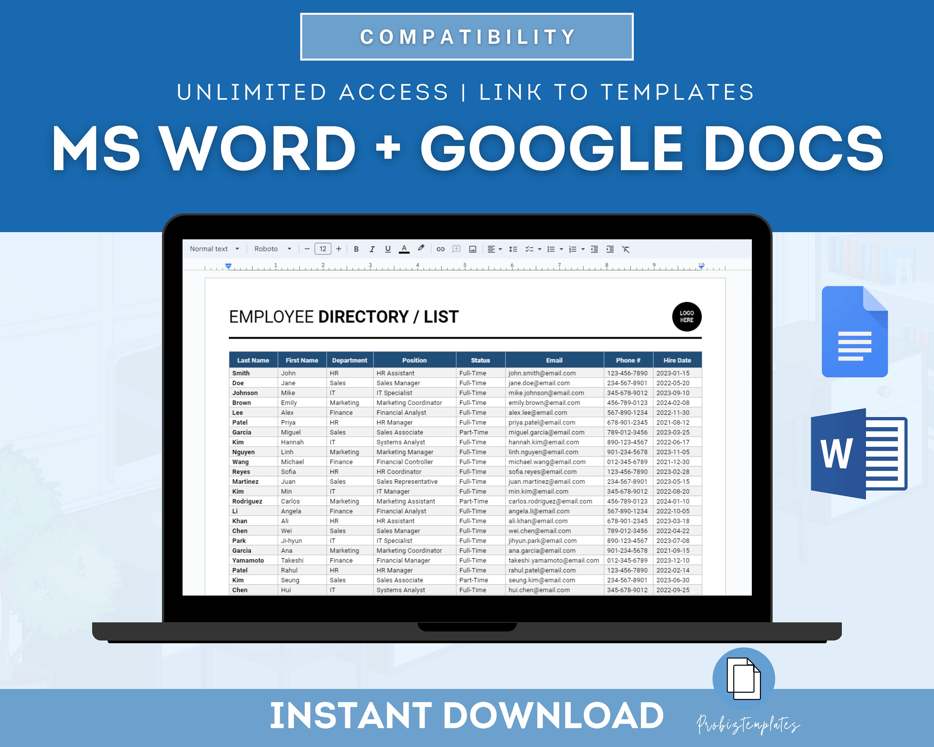 Employee List Template, Employee Directory, Staff Roster Template ...