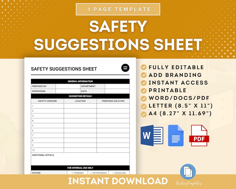 Workplace Safety Suggestions Sheet Template, Workplace Safety ...
