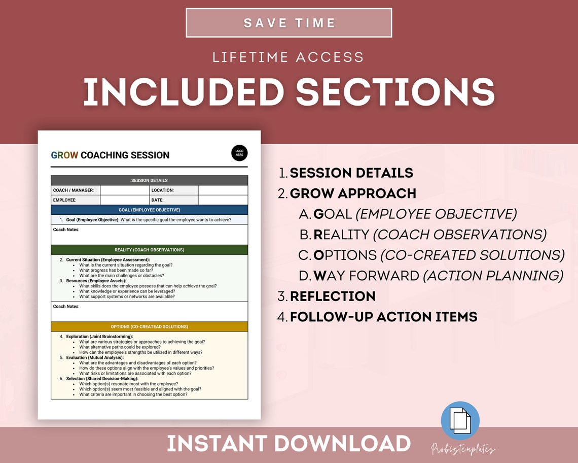 Employee Coaching Session Sheet Template, GROW Coaching Model, Employee ...