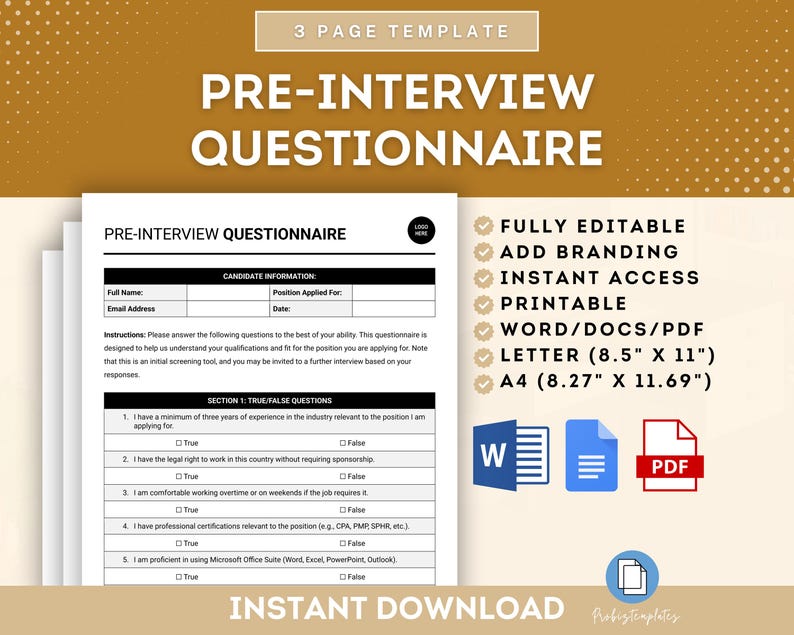Pre-interview Questionnaire Template, Candidate Pre-interview Questions, Pre-interview Screening ...
