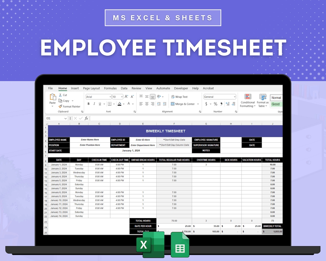 Employee Biweekly & Weekly Timesheet, Work Hours Record, Staff Hours ...