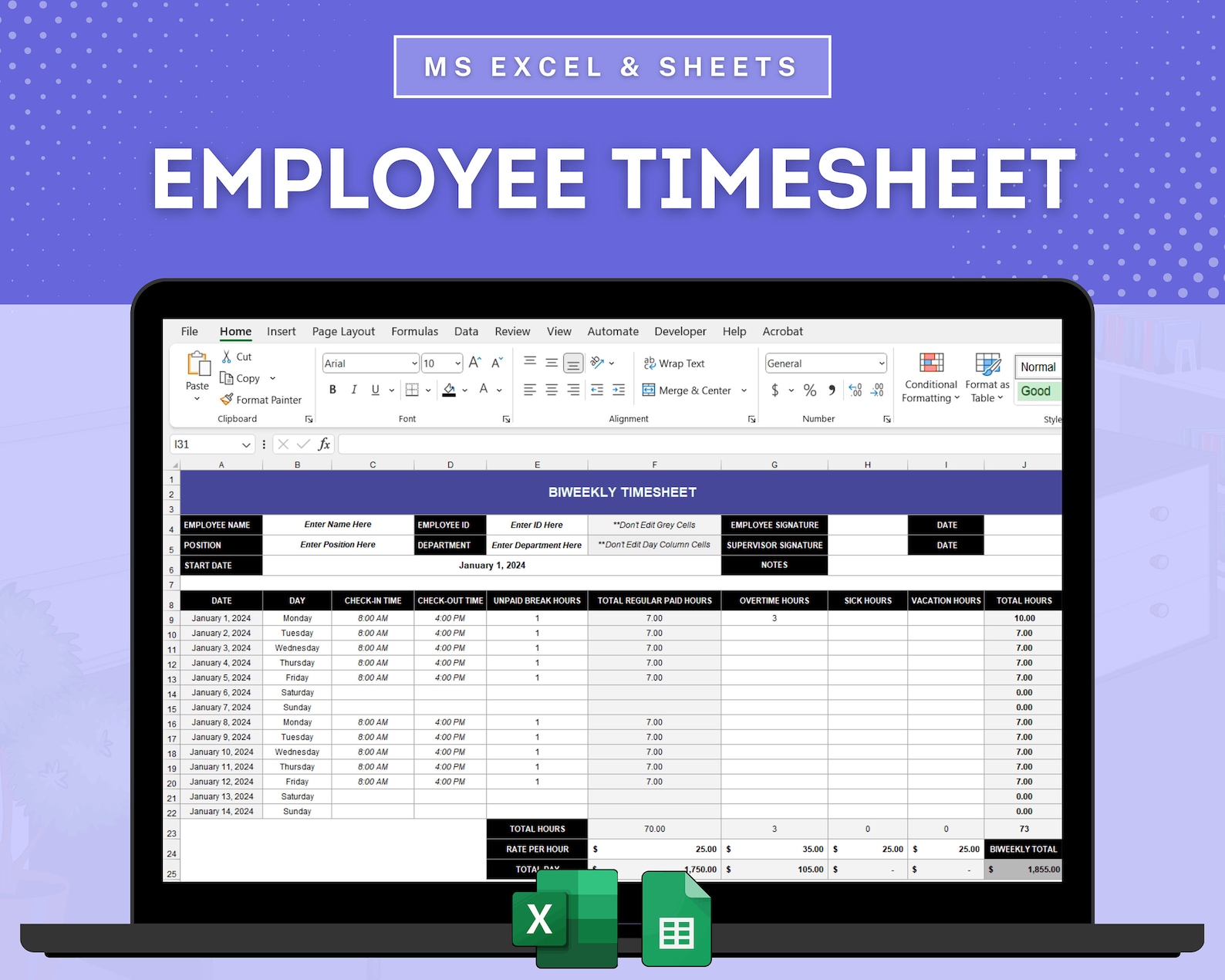 Employee Biweekly & Weekly Timesheet, Work Hours Record, Staff Hours ...