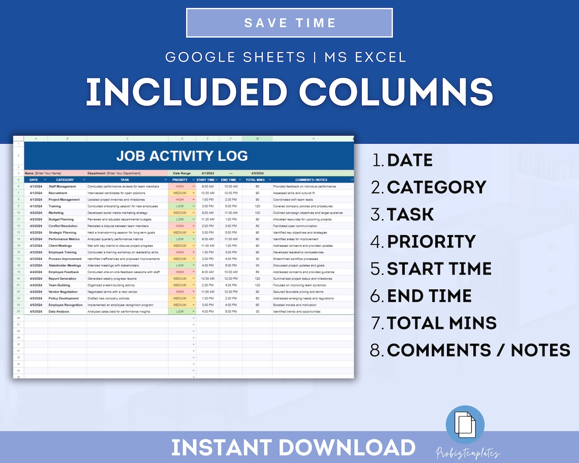 Job Activity Log Template, Work Task Tracker, Daily Work Journal ...