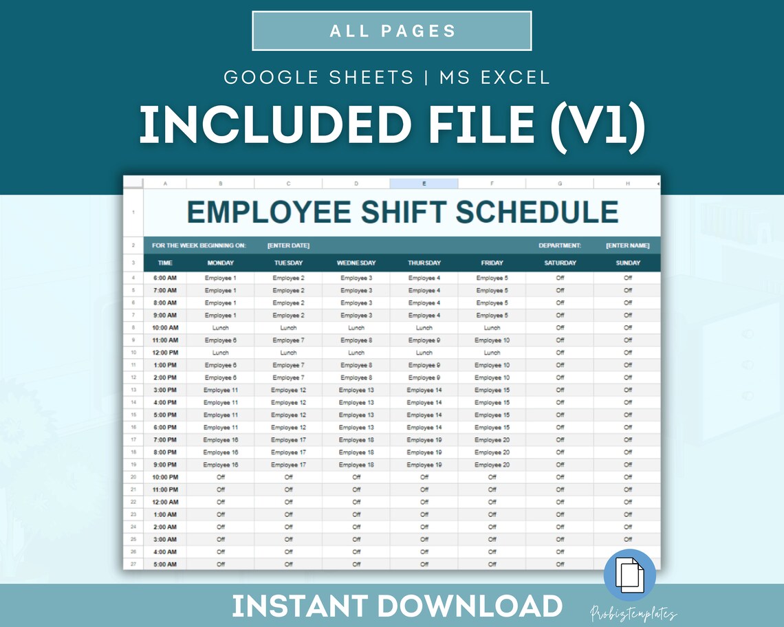 Employee Shift Schedule Spreadsheet, Work Schedule Template, Staff ...