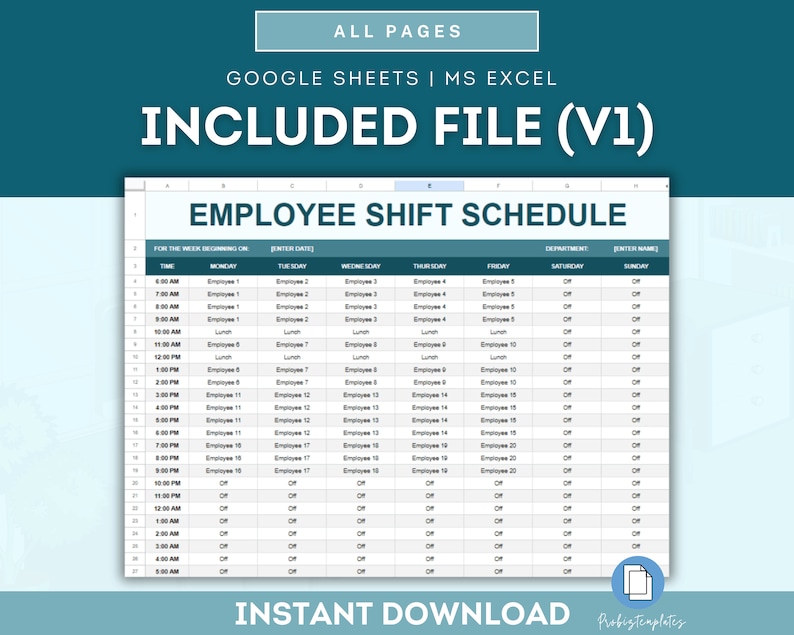 Employee Shift Schedule Spreadsheet, Work Schedule Template, Staff ...