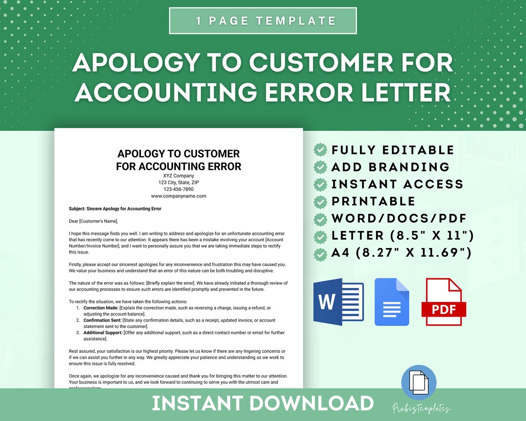 Apology to Customer for Accounting Error Letter Template, Accounting ...