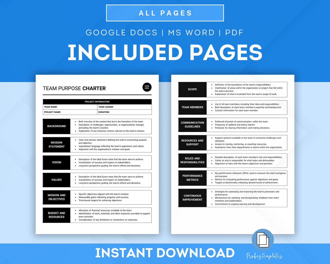 Team Purpose Charter Template, Project Charter, Template, Team Mission ...