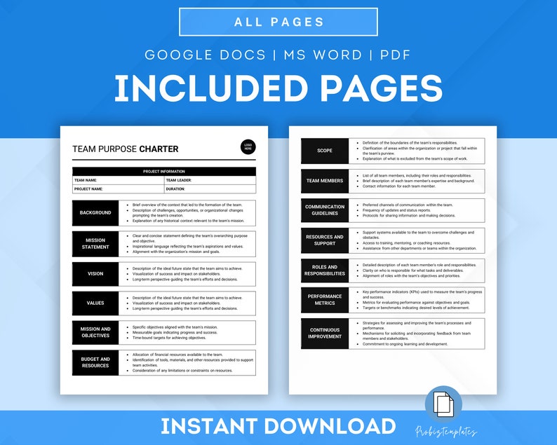 Team Purpose Charter Template, Project Charter, Template, Team Mission ...