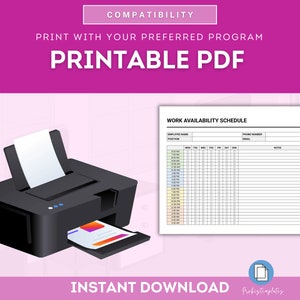 Work Availability Schedule Sheet, Work Availability Tracker, Shift Availability Calendar, Shift ...