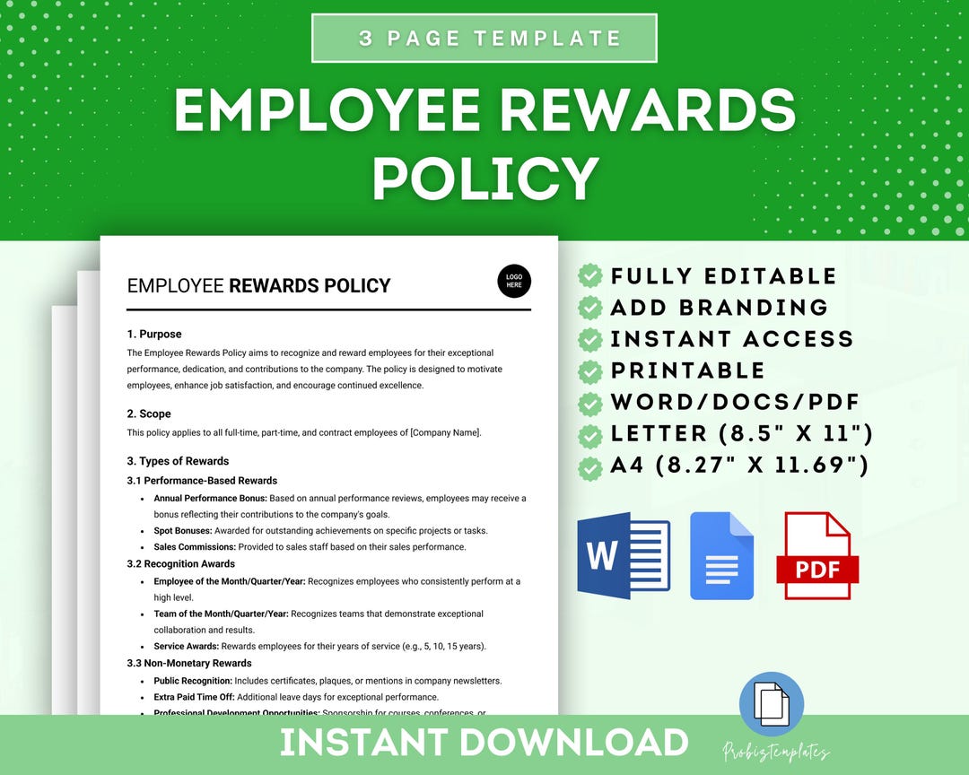 Employee Rewards Policy Template, Workplace Rewards Program, Employee ...
